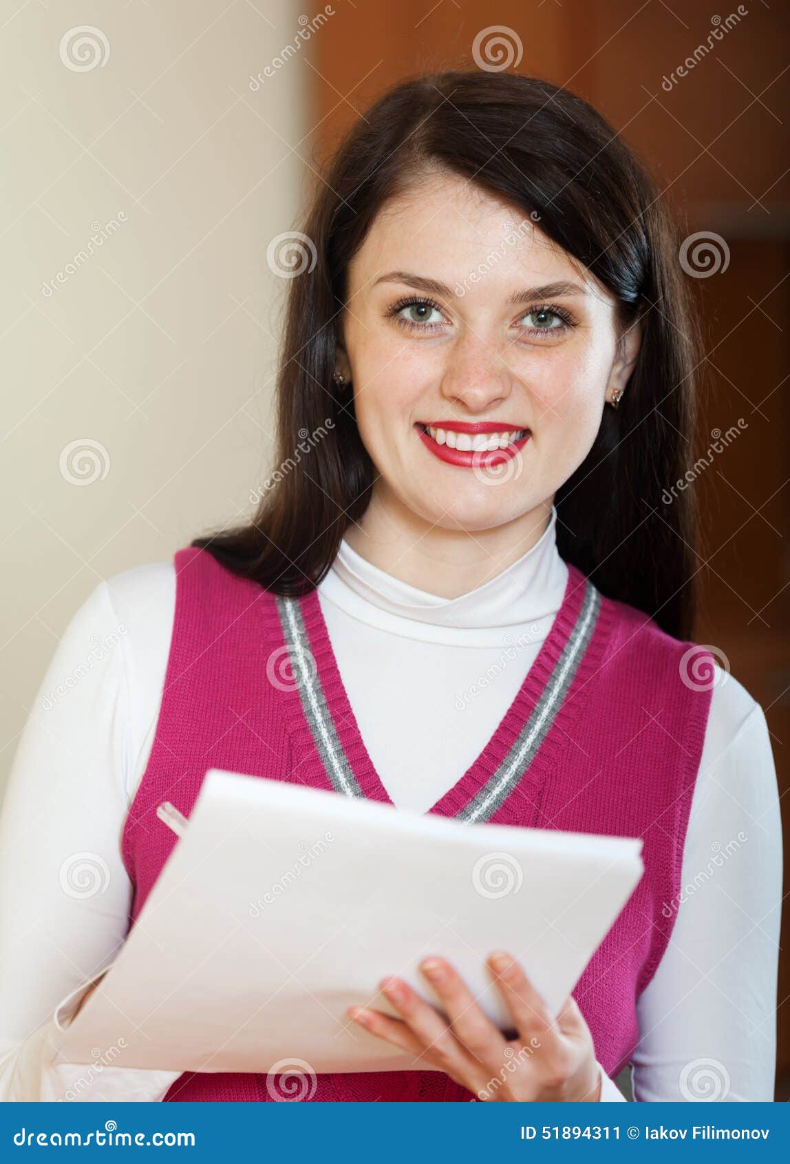 Portrait of Brunette Woman with Document Stock Image - Image of house ...