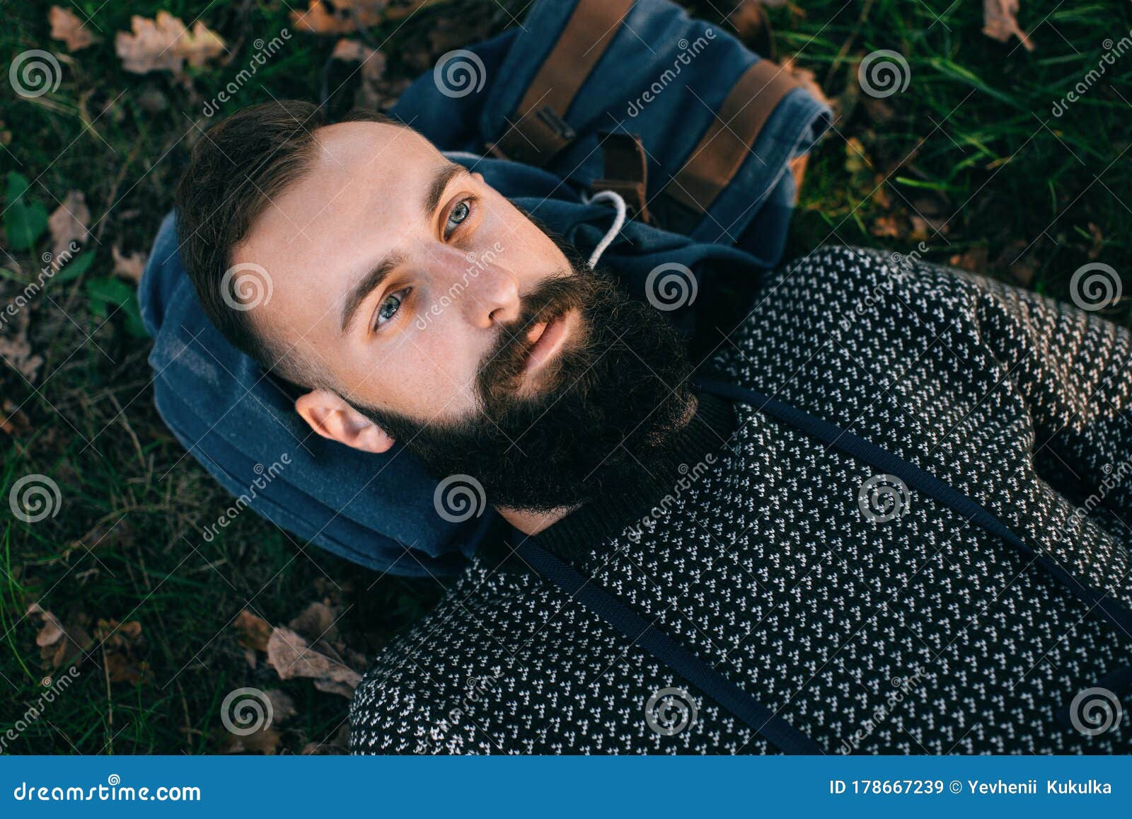 Portrait Brutal Bearded Hipster Dreamer Man in the Forest Stock Image ...