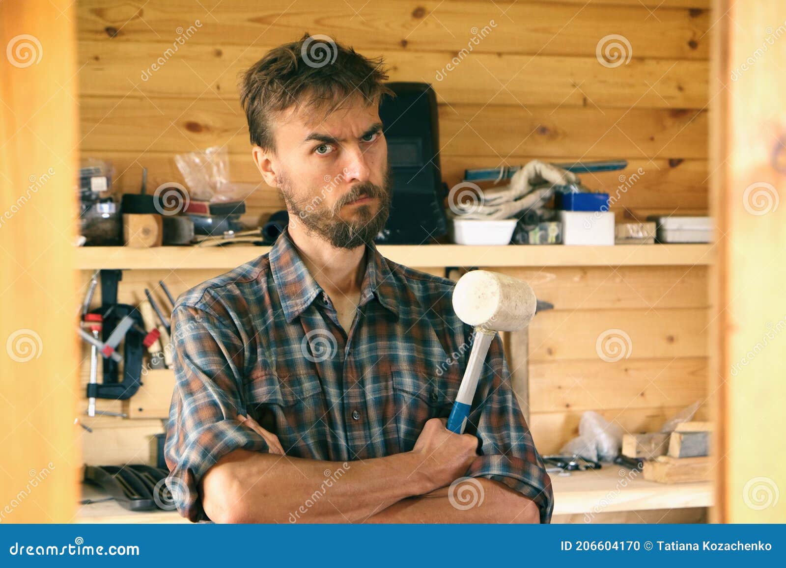 Portrait of Brutal Bearded Worker Man in His Carpenter Workshop ...