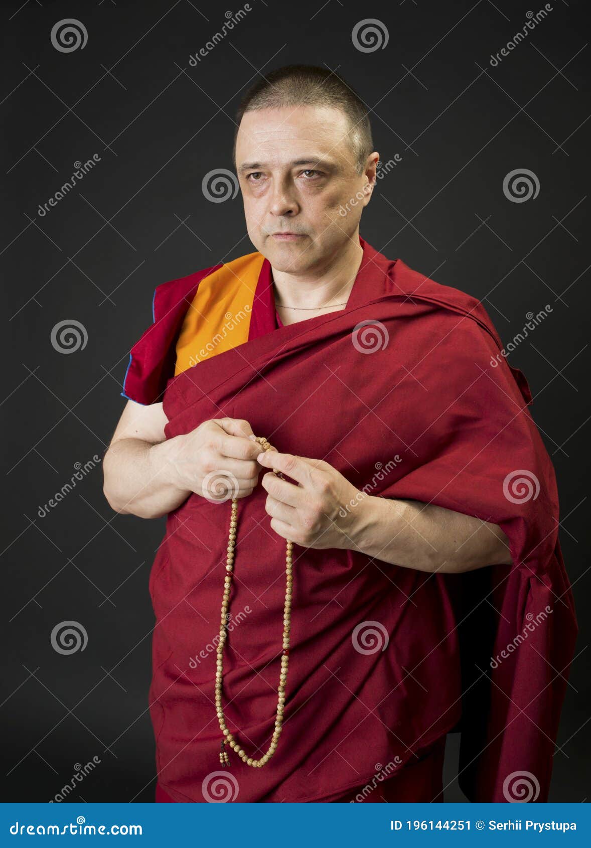 Portrait of a Buddhist Monk in a Red Kesa Robe with Ritual Attributes ...