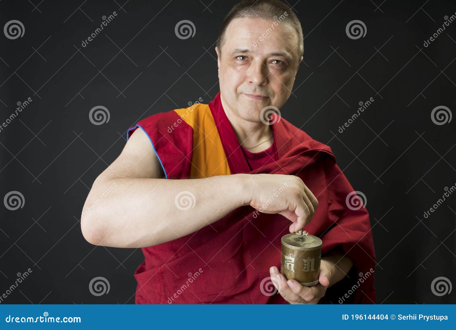 Portrait of a Buddhist Monk in a Red Kesa Robe with Ritual Attributes ...