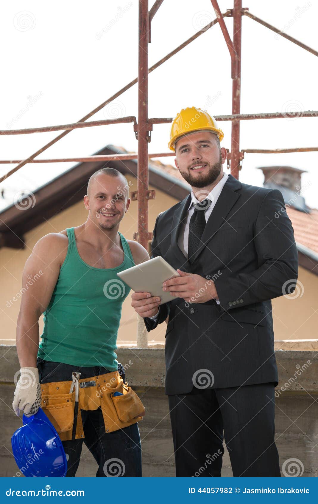 Portrait of Builder and Businessman Working at Construction Stock Photo ...