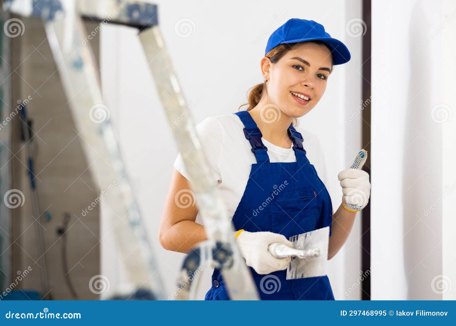 Portrait of Builder in Process of Finishing Work Stock Image - Image of ...