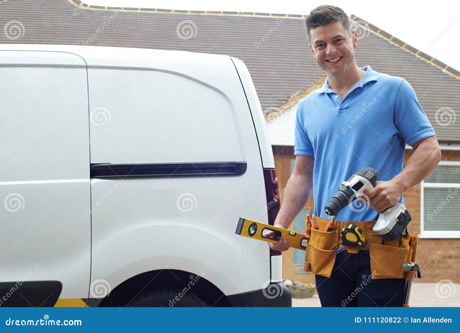 Portrait of Builder with Van Outside House Stock Photo - Image of belt ...