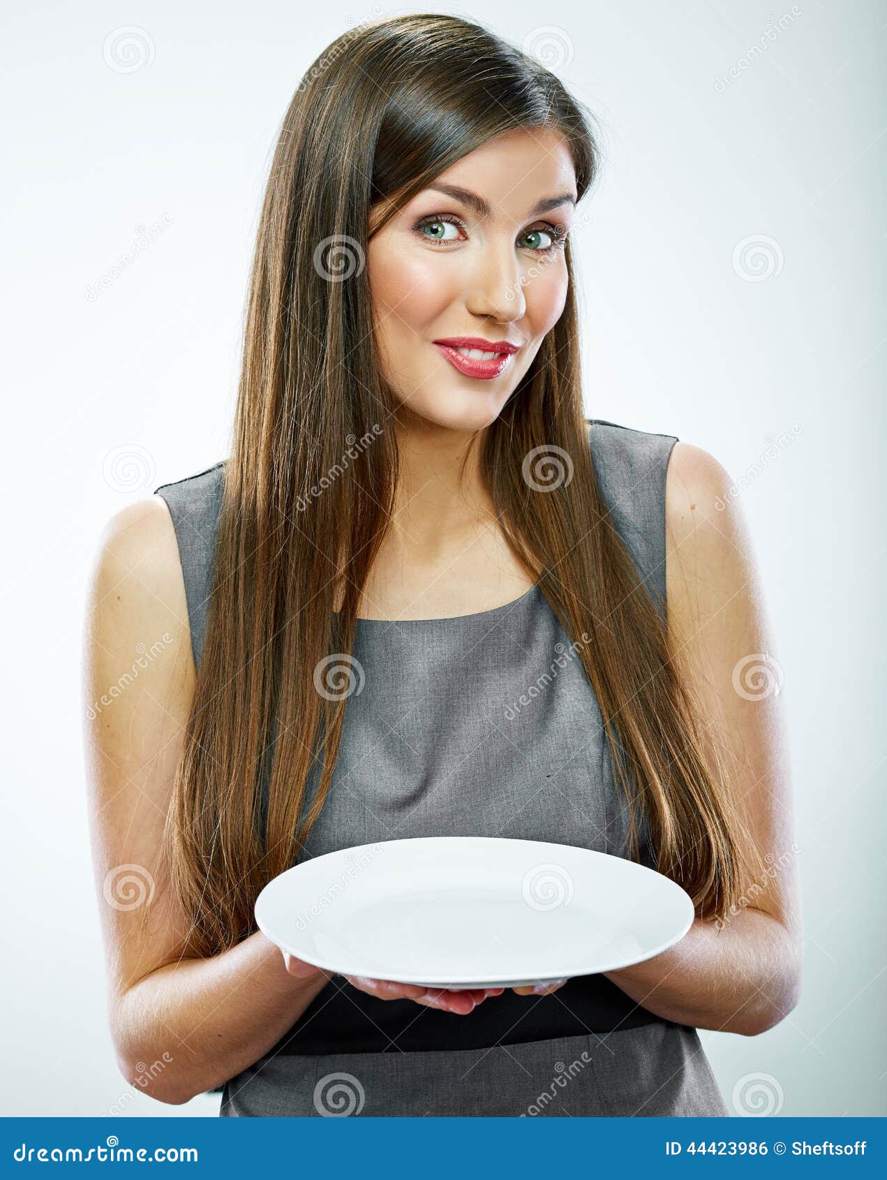 Portrait of Business Woman Hold Empty White Plate. Stock Photo - Image ... Portrait of Business Woman Hold Empty White Plate. Stock Photo - Image ...