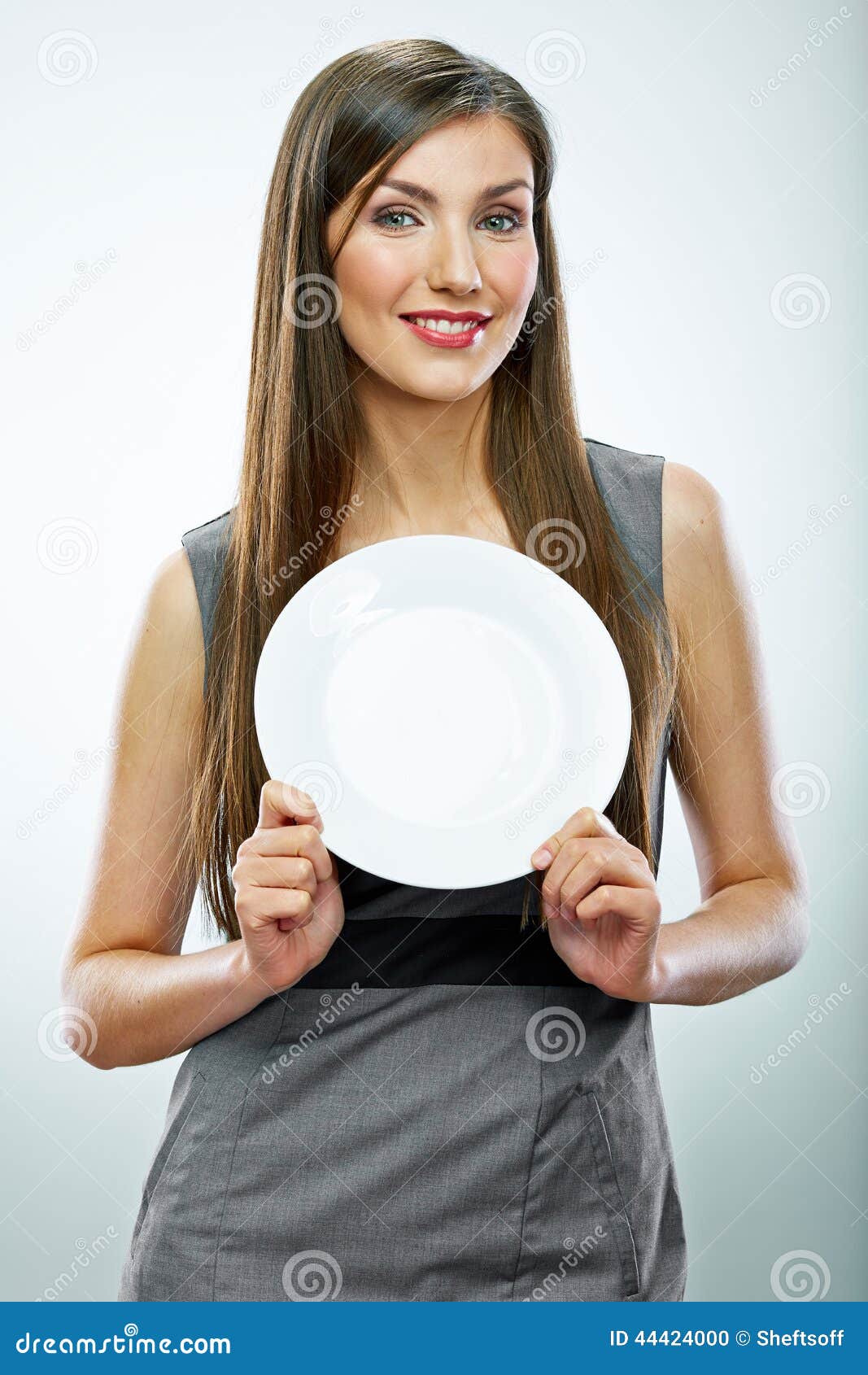 Portrait of Business Woman Hold Empty White Plate. Stock Photo - Image ... Portrait of Business Woman Hold Empty White Plate. Stock Photo - Image ...