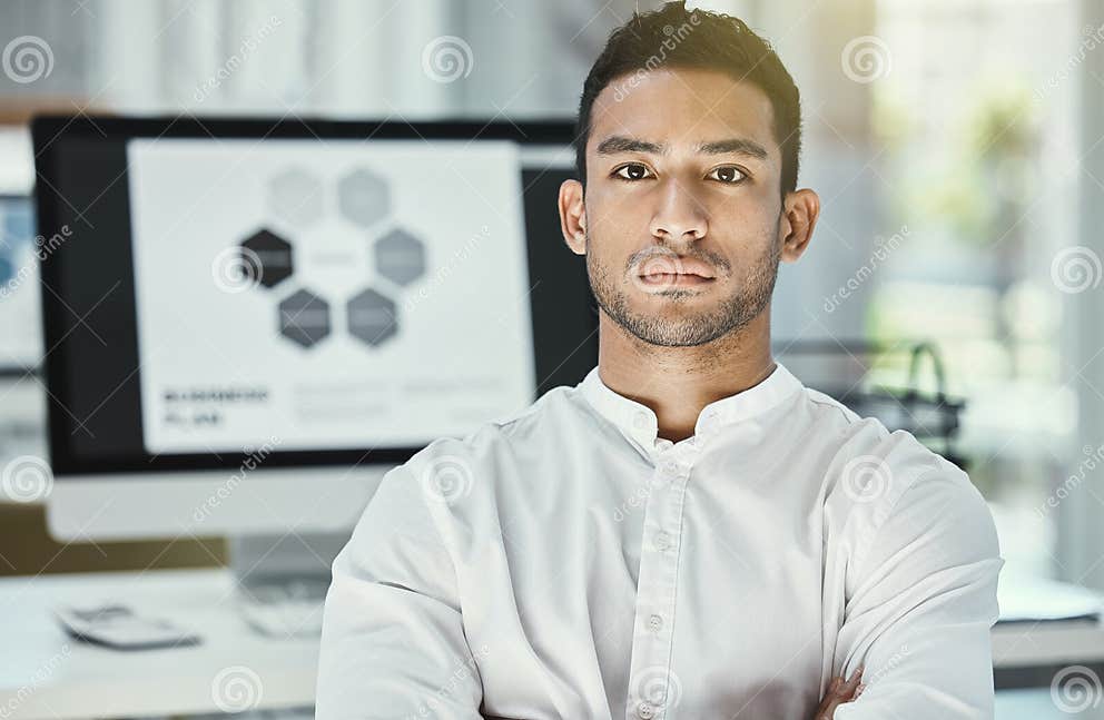 Portrait, Businessman and Serious in Office with Computer Screen for ...