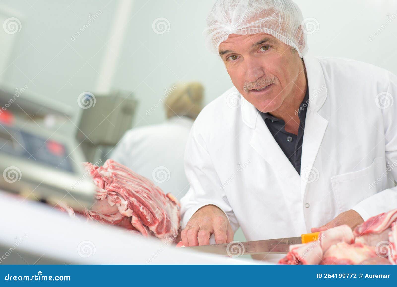 Portrait Butcher Cutting Meat Stock Photo - Image of chop, hygiene ...