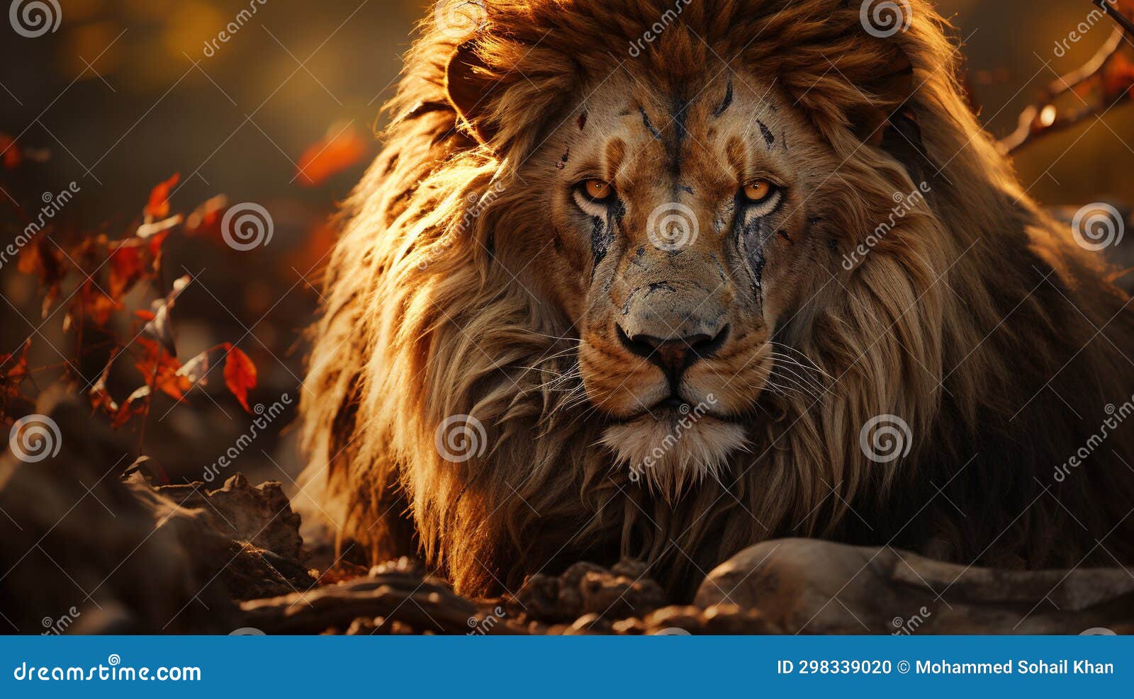 Portrait Calm and Confidence Lion Head Close Up Blurry Background Stock ...