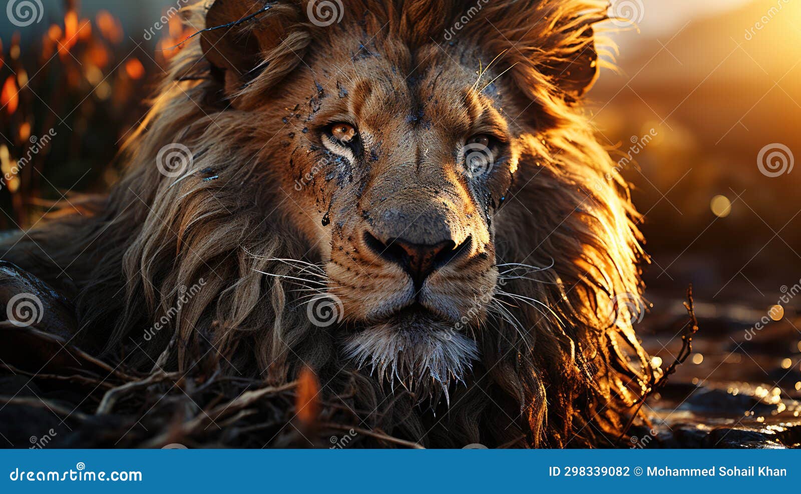 Portrait Calm and Confidence Lion Head Close Up Blurry Background Stock ...