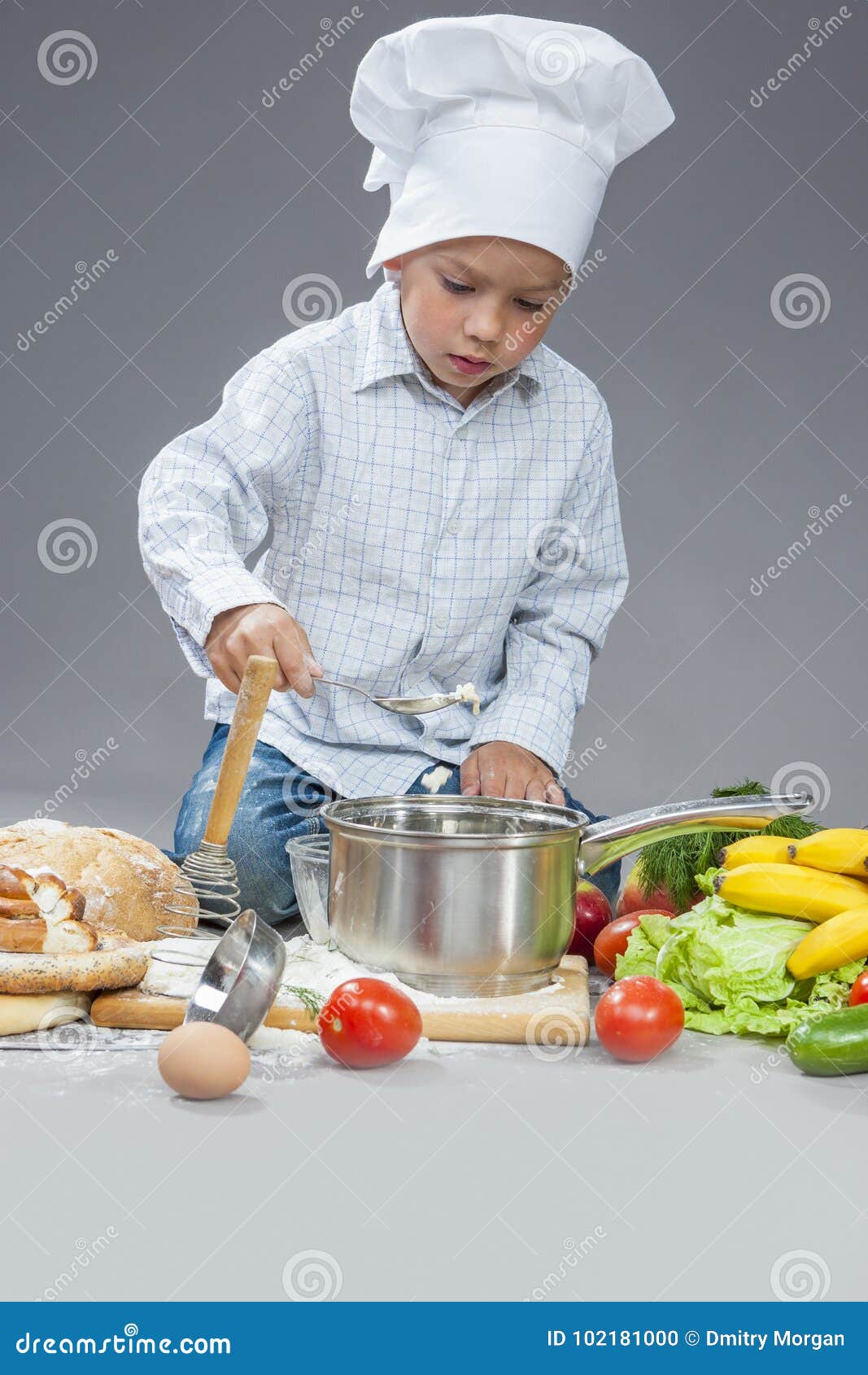 Portrait of Caucasian Boy Working with Kitchen Ware in Cooking H Stock ...