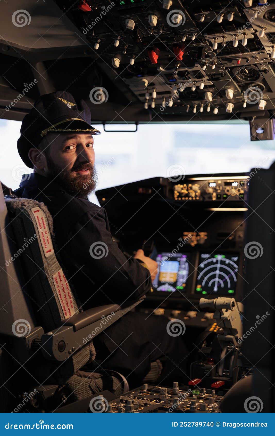 Portrait of Caucasian Captain Using Cockpit Dashboard Command Stock ...