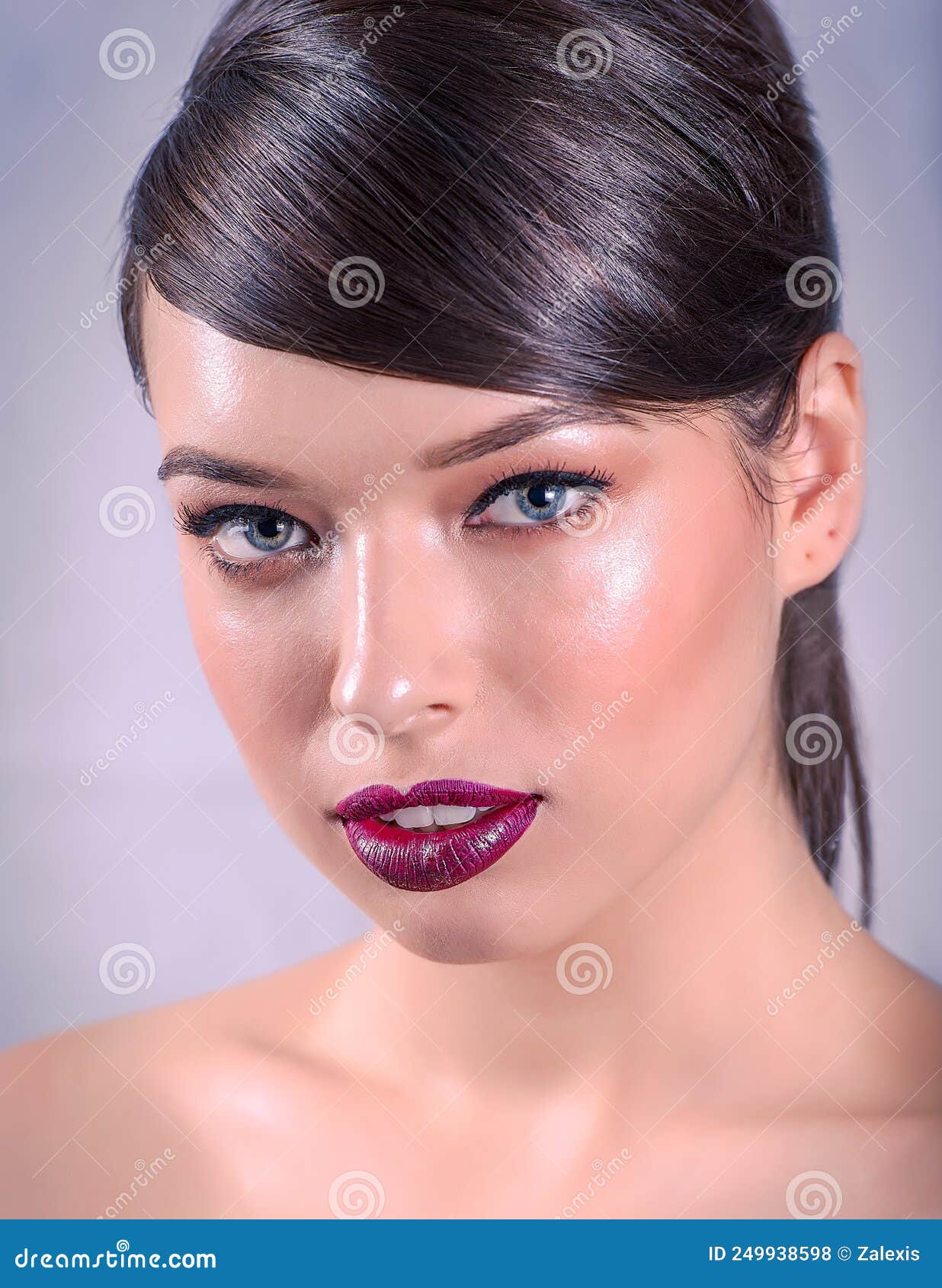 Portrait Of A Beautiful Caucasian Woman With Cat Blue Eyes Full