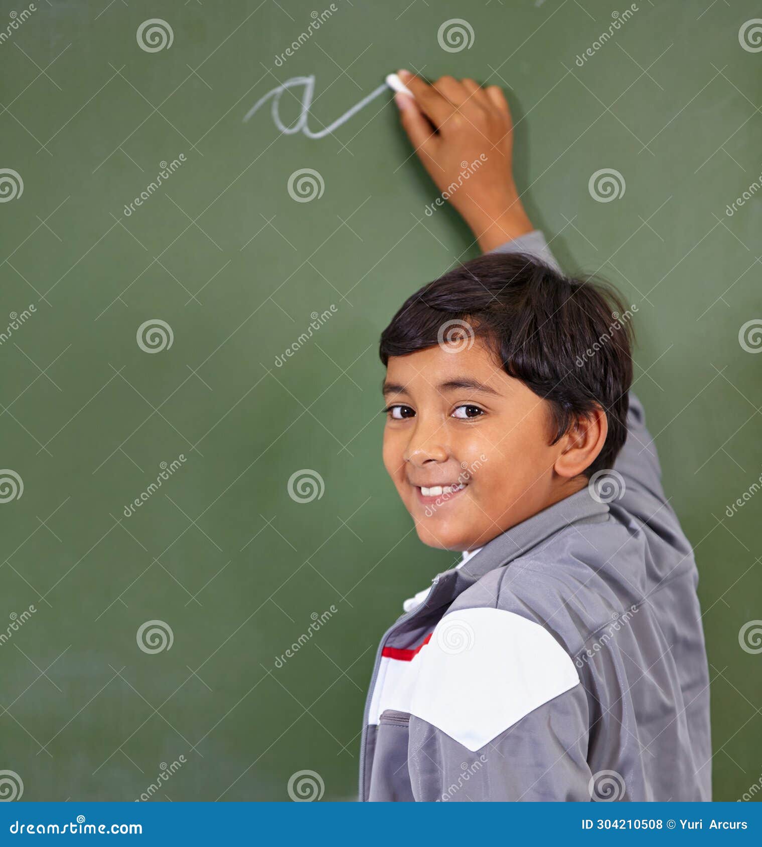 Portrait, Chalk and Boy Writing on a Board for Child Development ...