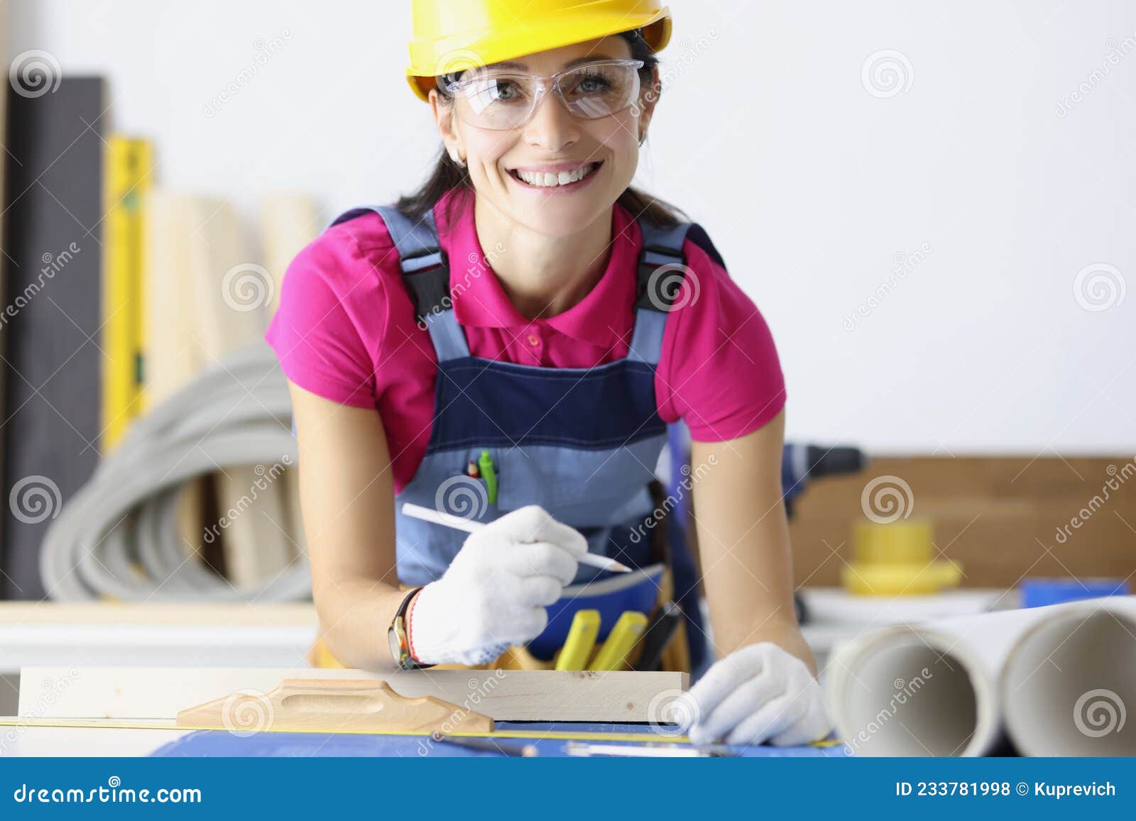 Young Woman Use Pencil and Paper Stock Photo - Image of helmet, flat ...