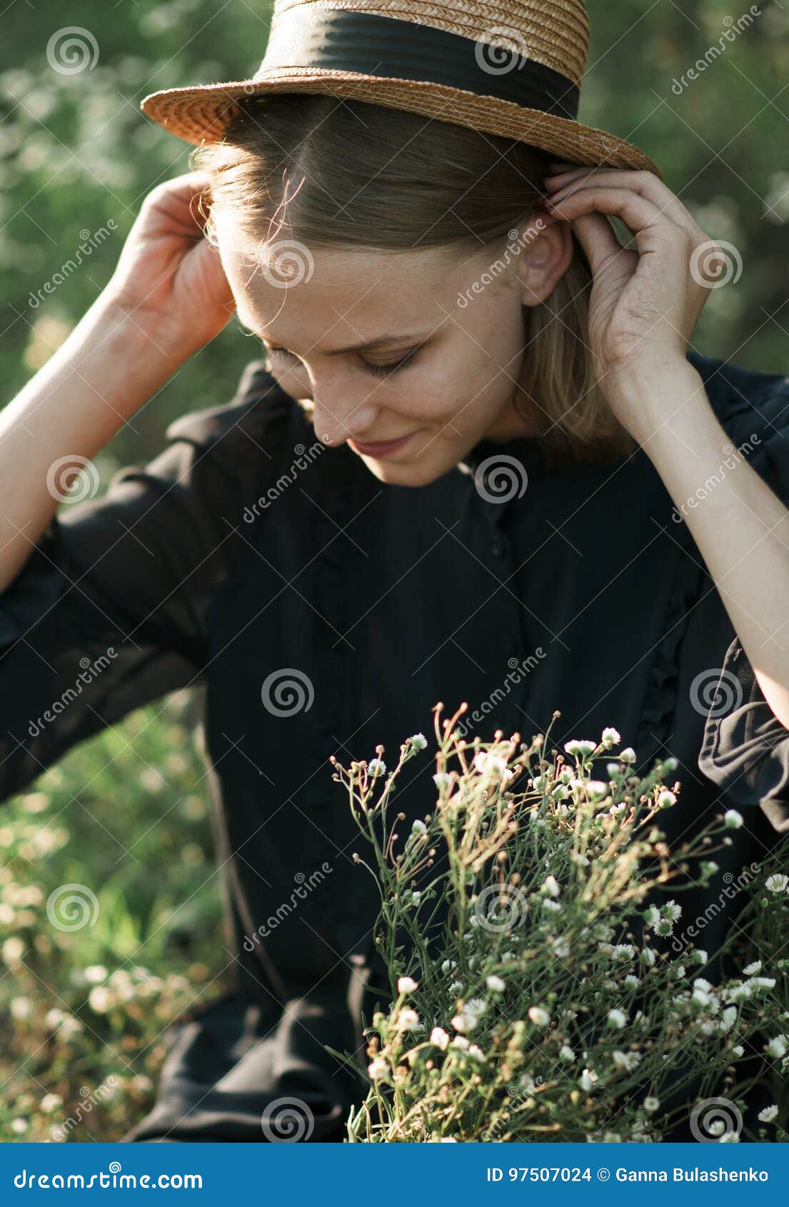 Portrait of a Charming Girl in a Straw Hat on Field Stock Photo - Image ...