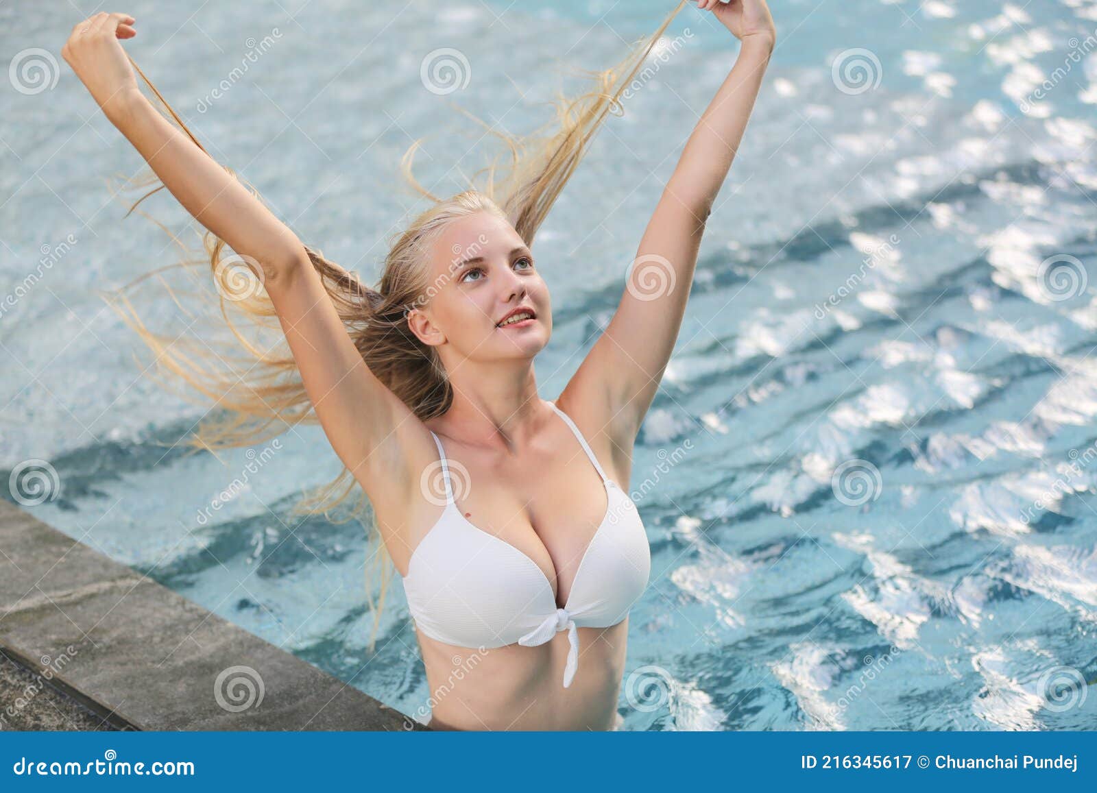 Oung Women On White Bikini At Swimming Pool Stock Image Image Of