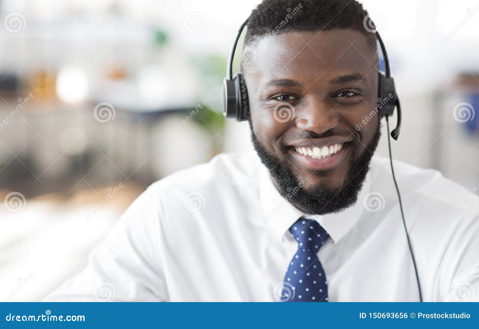 Portrait of Cheerful African Customer Service Representative with ...