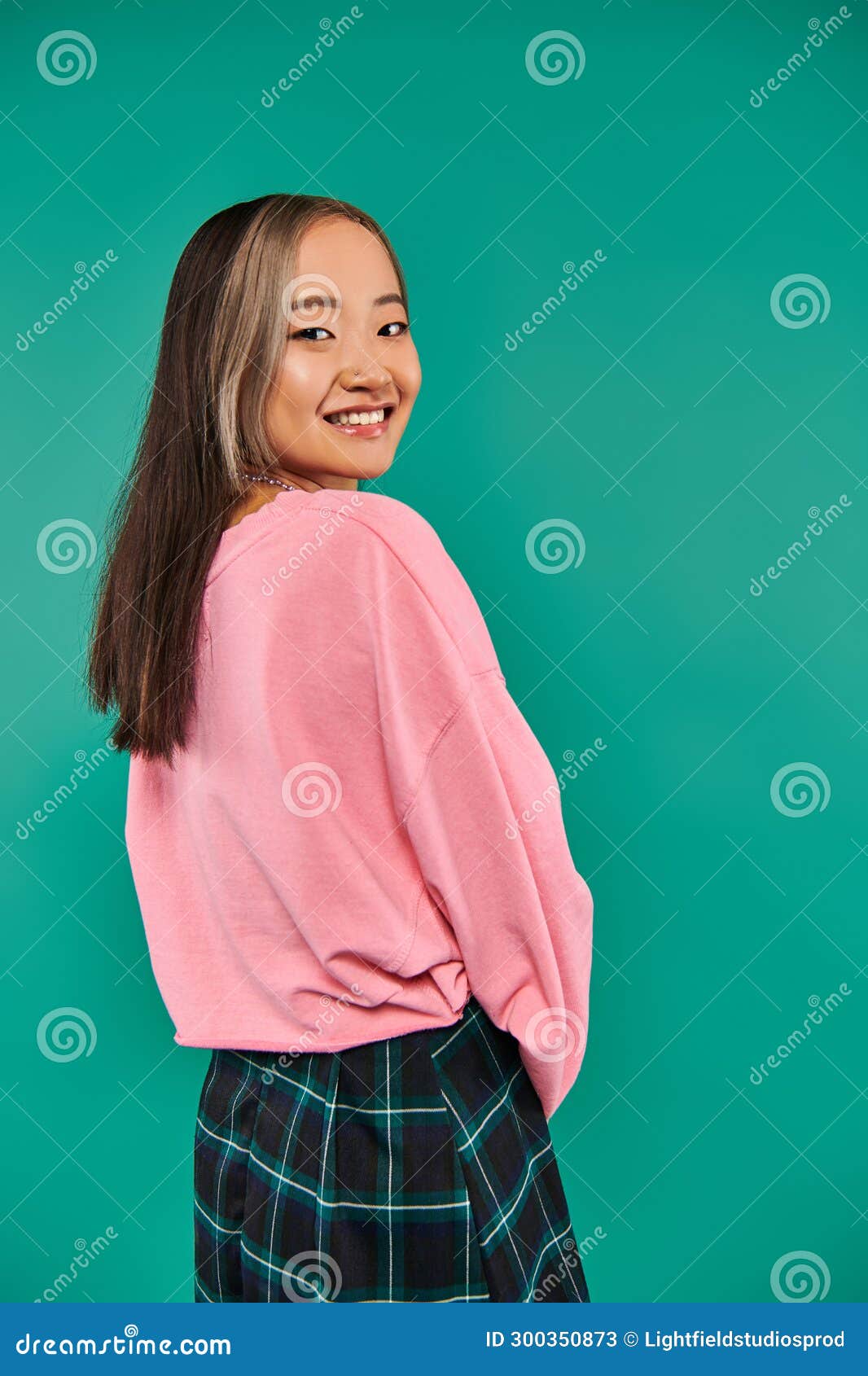 Portrait Of Cheerful Asian Woman In Stock Image Image Of Joyful Pink