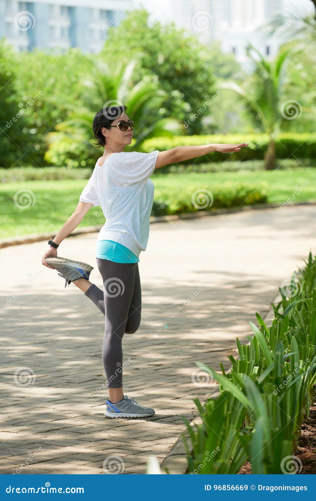 Asian Woman Stretching In Park Stock Image Image Of Park Outside
