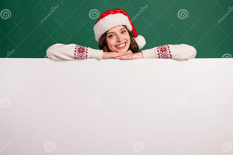 Portrait Of Cheerful Attractive Girl Toothy Smile Demonstrate Empty