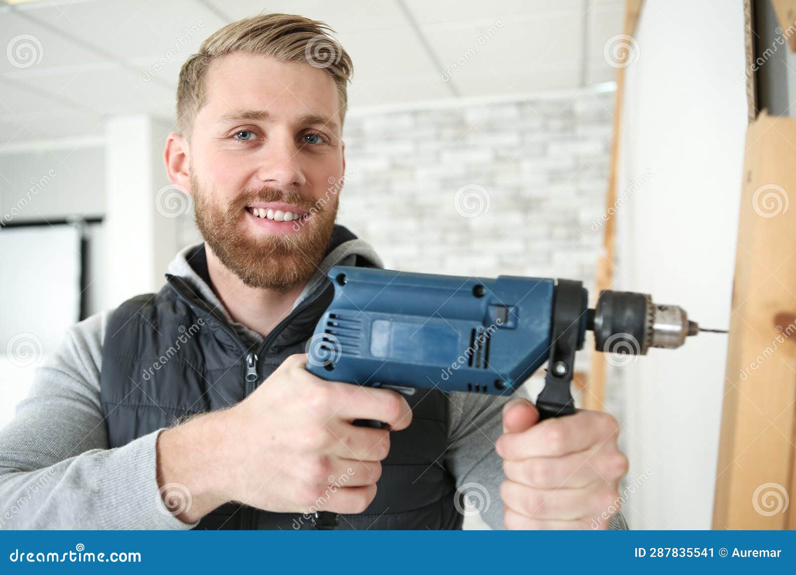 Portrait Cheerful Bearded Man Using Drill on Wall Stock Image - Image ...