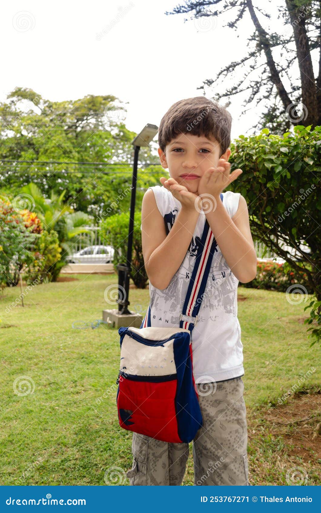 Portrait of a Cheerful Boy Counts Trees Background Stock Image - Image ...