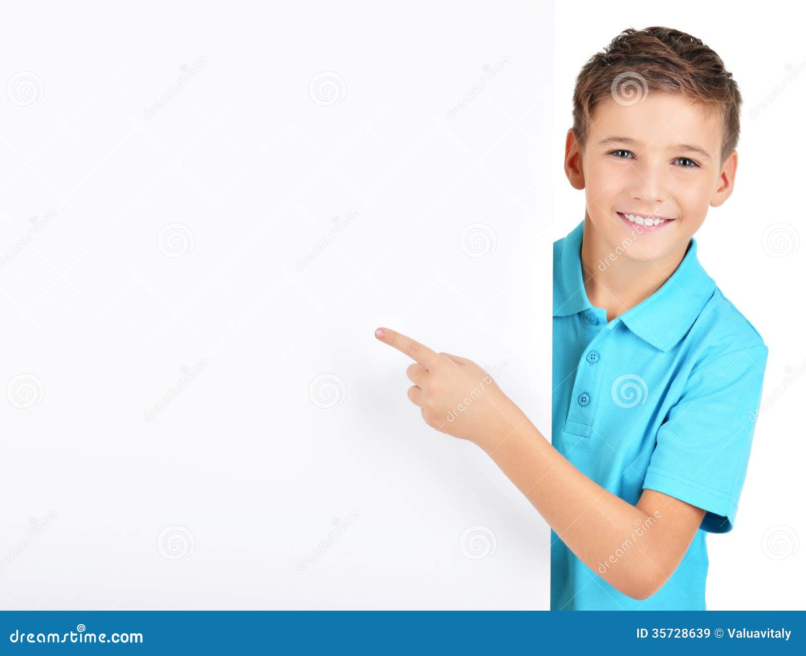 Portrait of Cheerful Boy Pointing on White Banner Stock Image - Image ...