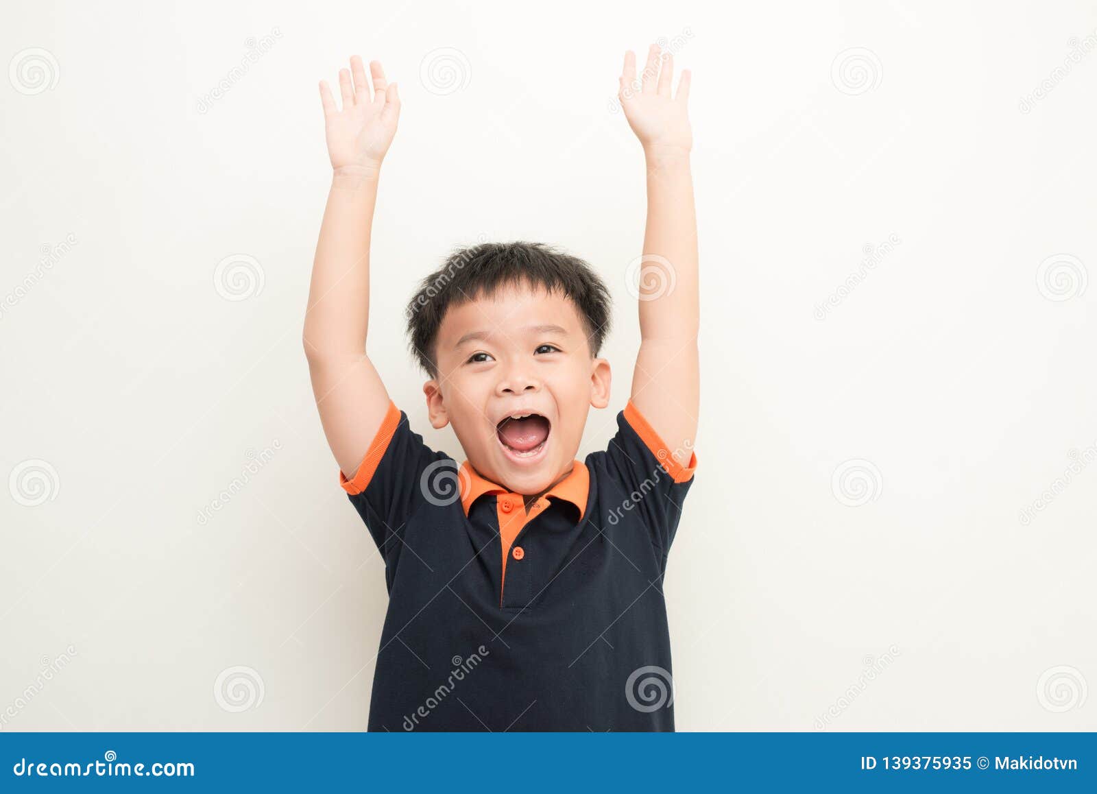 Portrait of Cheerful Boy with Raised Hands Over Isolated White ... Portrait of Cheerful Boy with Raised Hands Over Isolated White ...