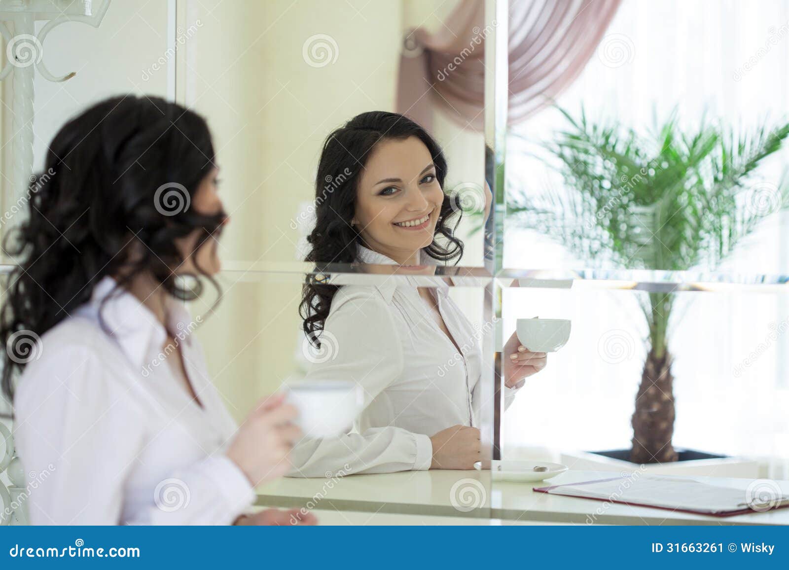 Portrait of Cheerful Brunette Looking in Mirror Stock Image - Image of ...