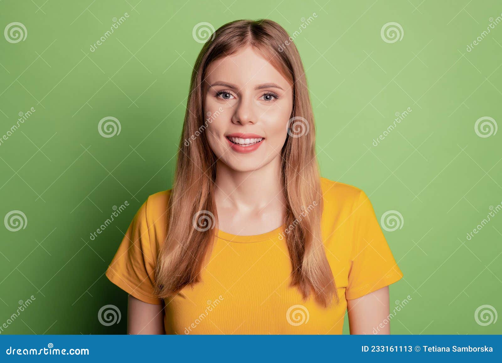 Portrait Of Cheerful Cute Lovely Lady Toothy Beaming Smile Wear Yellow