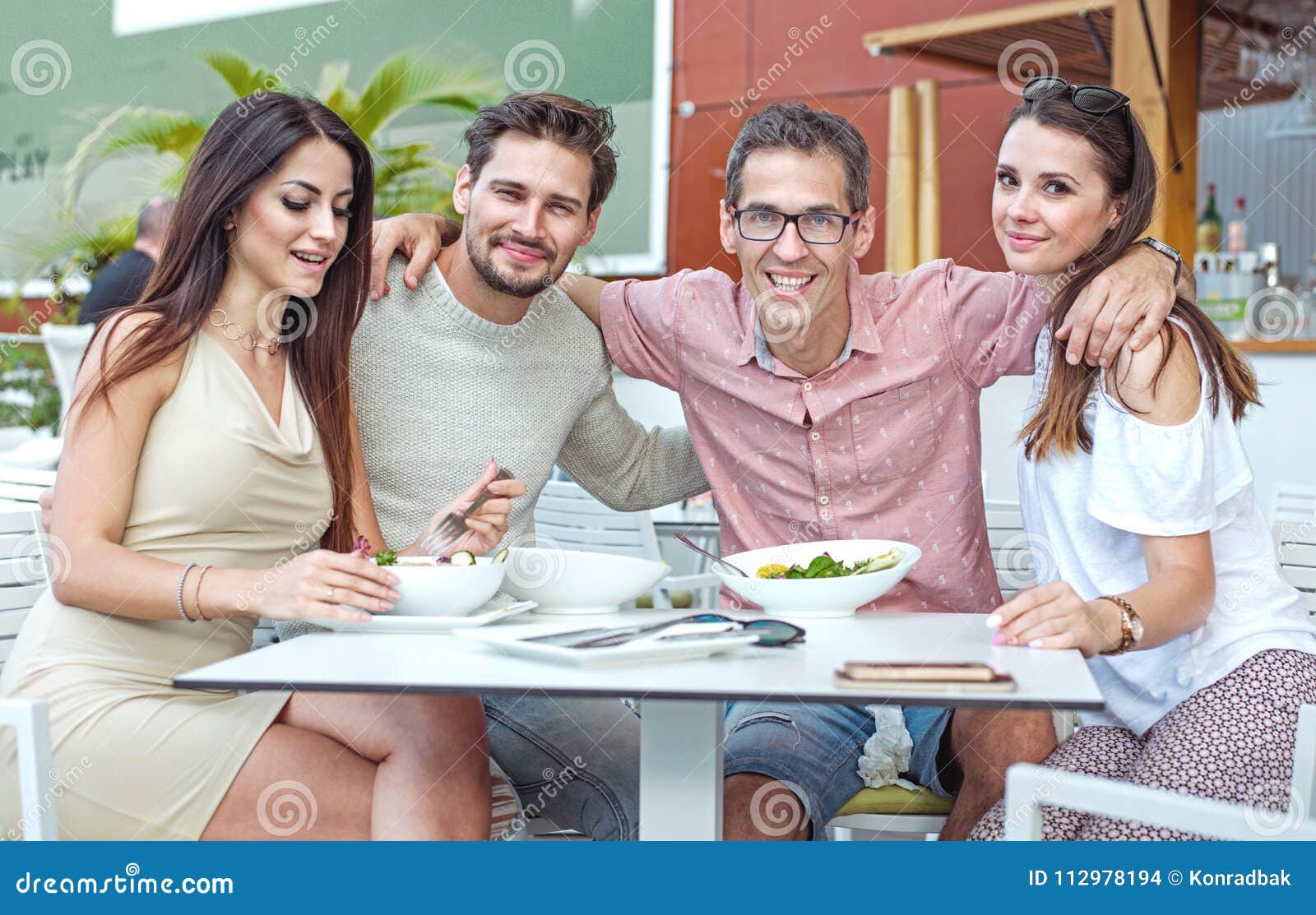 Portrait of Cheerful Freinds in the Summer Restaurant Stock Photo ...