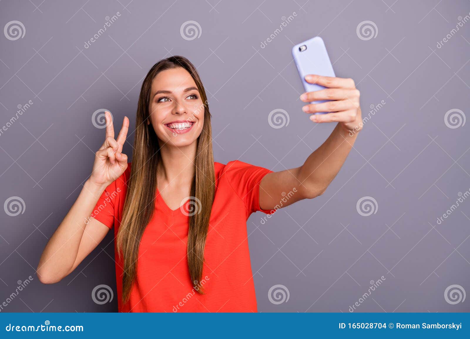 Portrait Of Cheerful Girl Travel Trip Make Selfie V Sign Video Call