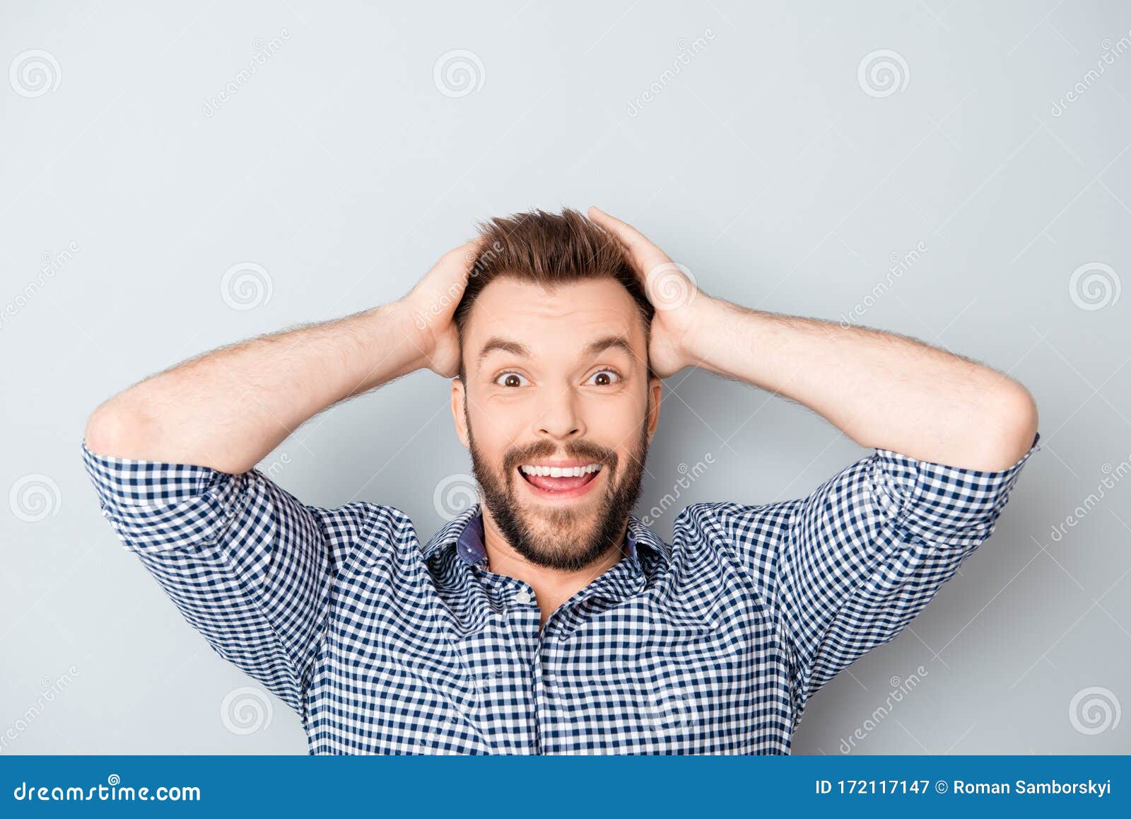 Portrait of Cheerful Glad Happy Man Touching Head Stock Image - Image ... Portrait of Cheerful Glad Happy Man Touching Head Stock Image - Image ...