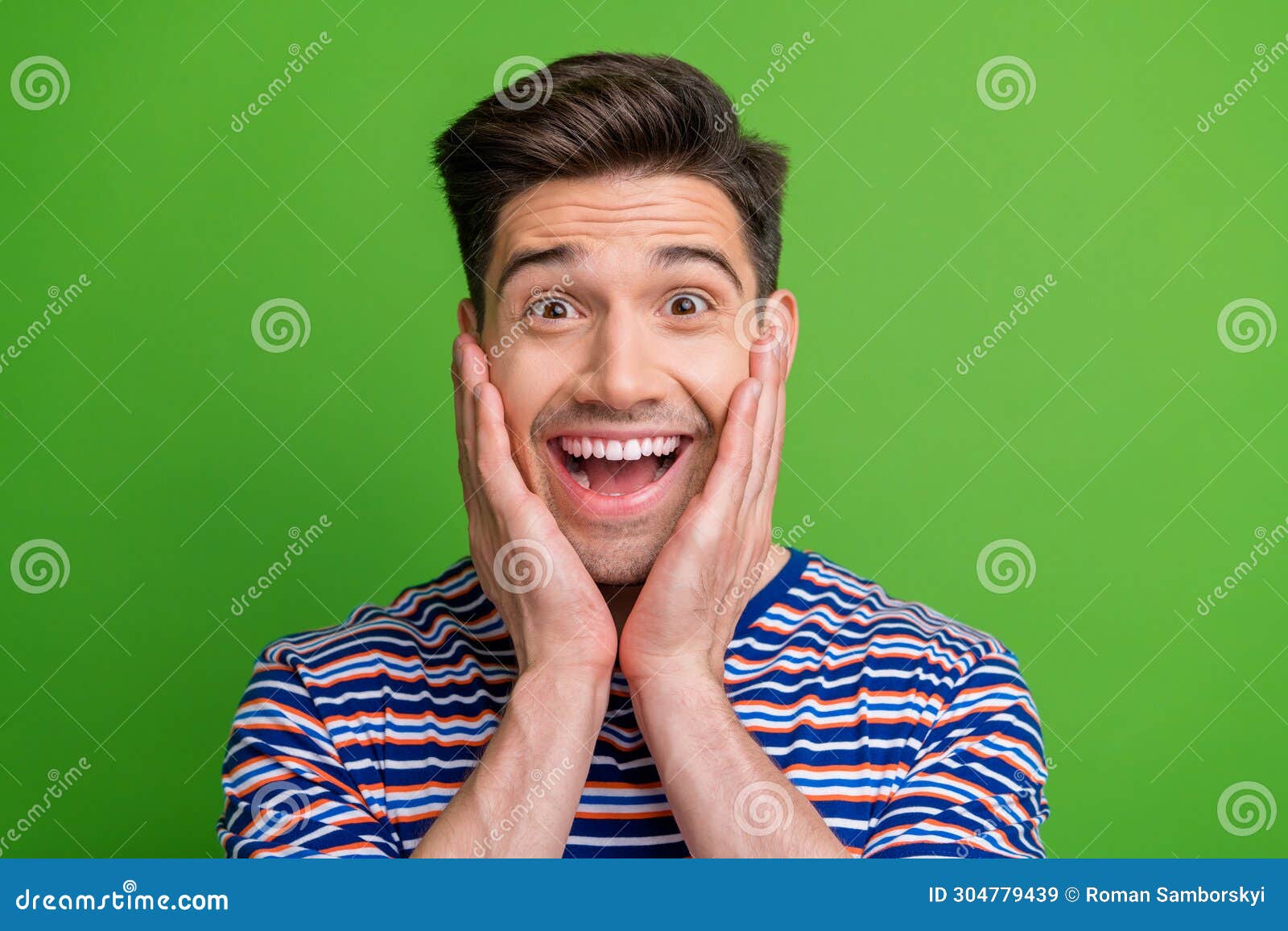 Portrait Of Cheerful Impressed Person Open Mouth Hands Touch Cheeks