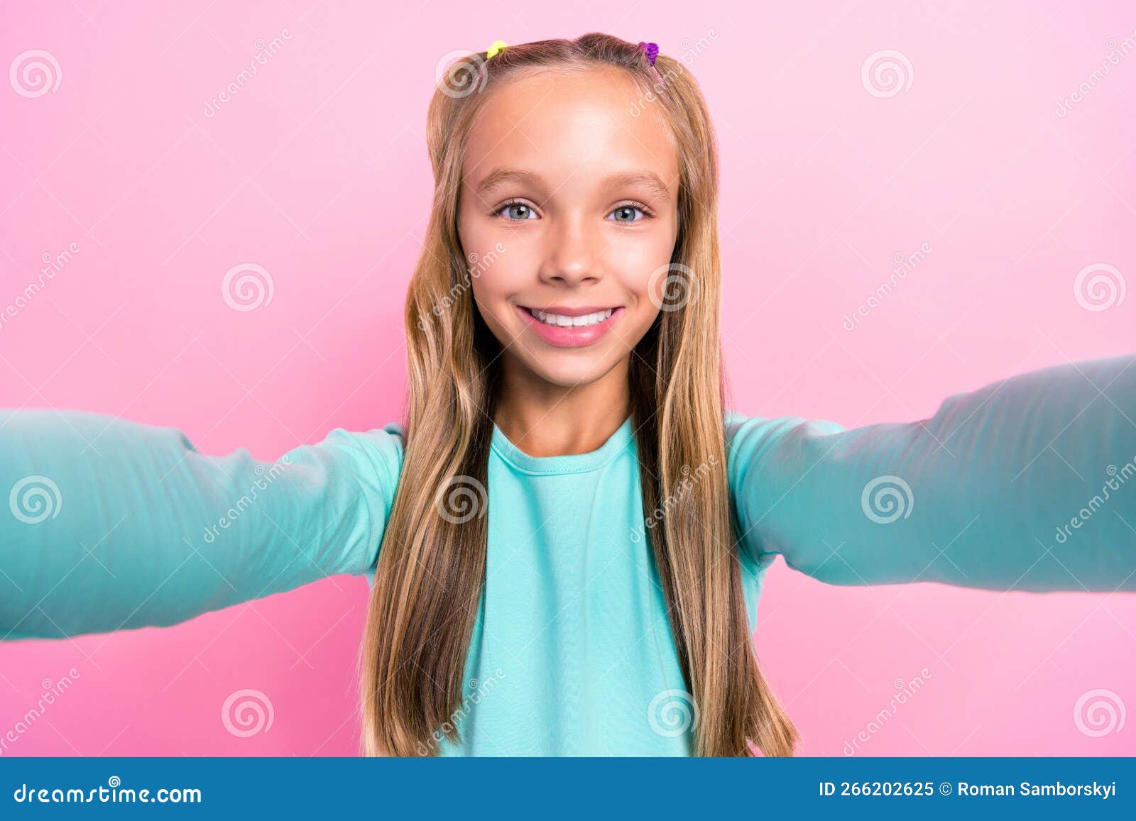 Portrait Of Cheerful Lovely Girl Toothy Smile Make Selfie Recording