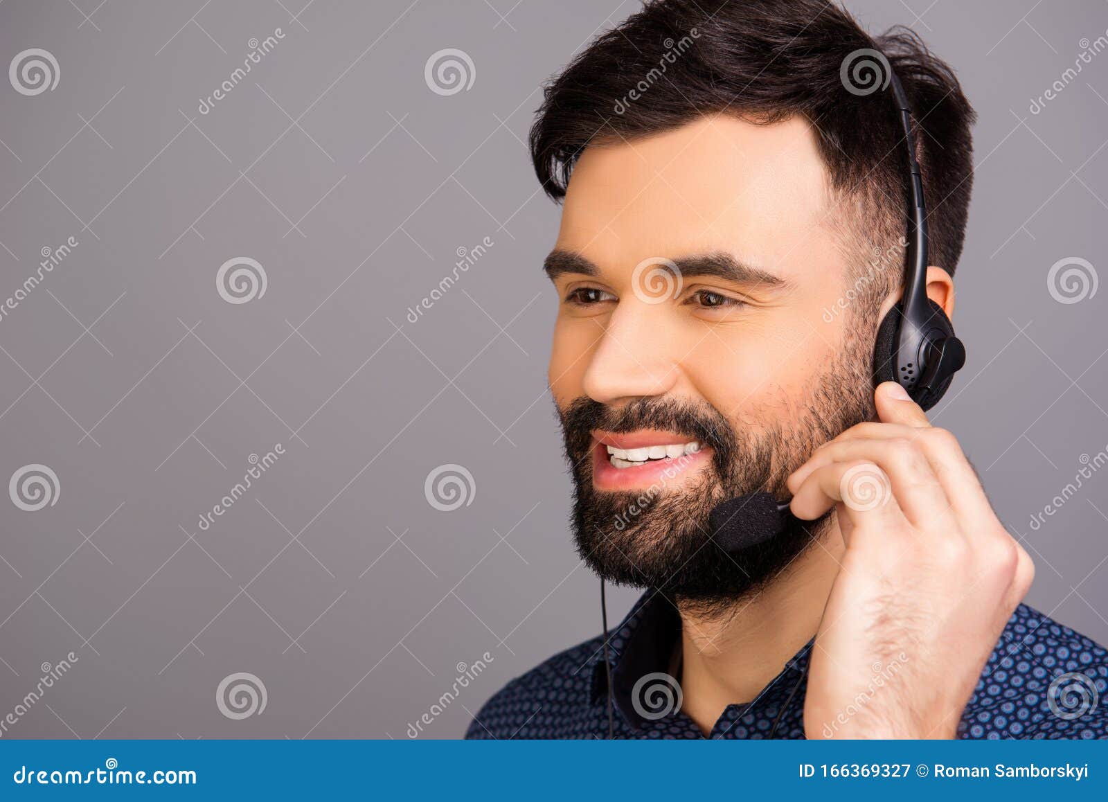 Portrait of Cheerful Man in Head-phones Touching Microphone Stock Image ...