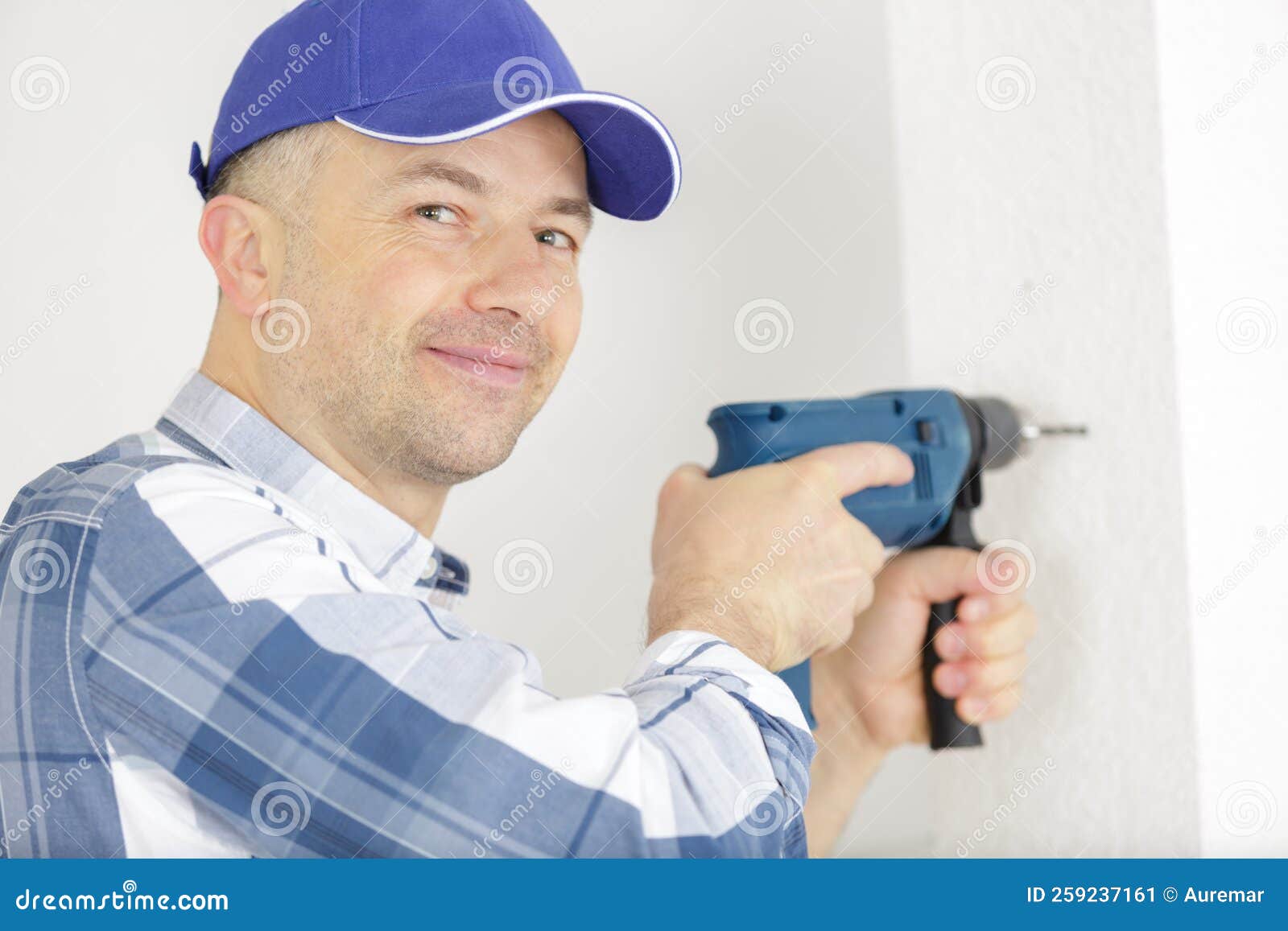 Portrait Cheerful Man Using Drill To Make Repair Stock Image - Image of ...