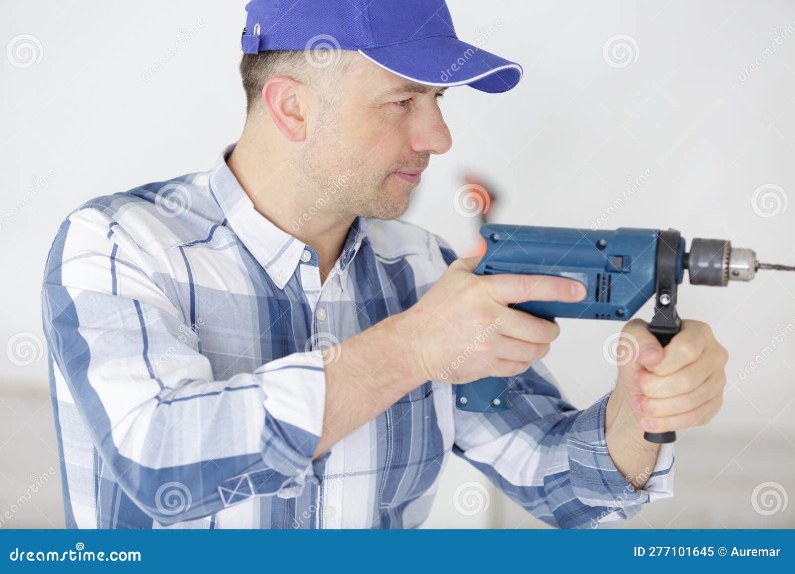Portrait Cheerful Man Using Drill on Wall Stock Image - Image of flat ...