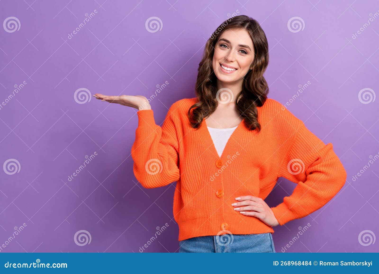 Portrait Of Cheerful Nice Girl Toothy Smile Arm Hold Demonstrate Empty