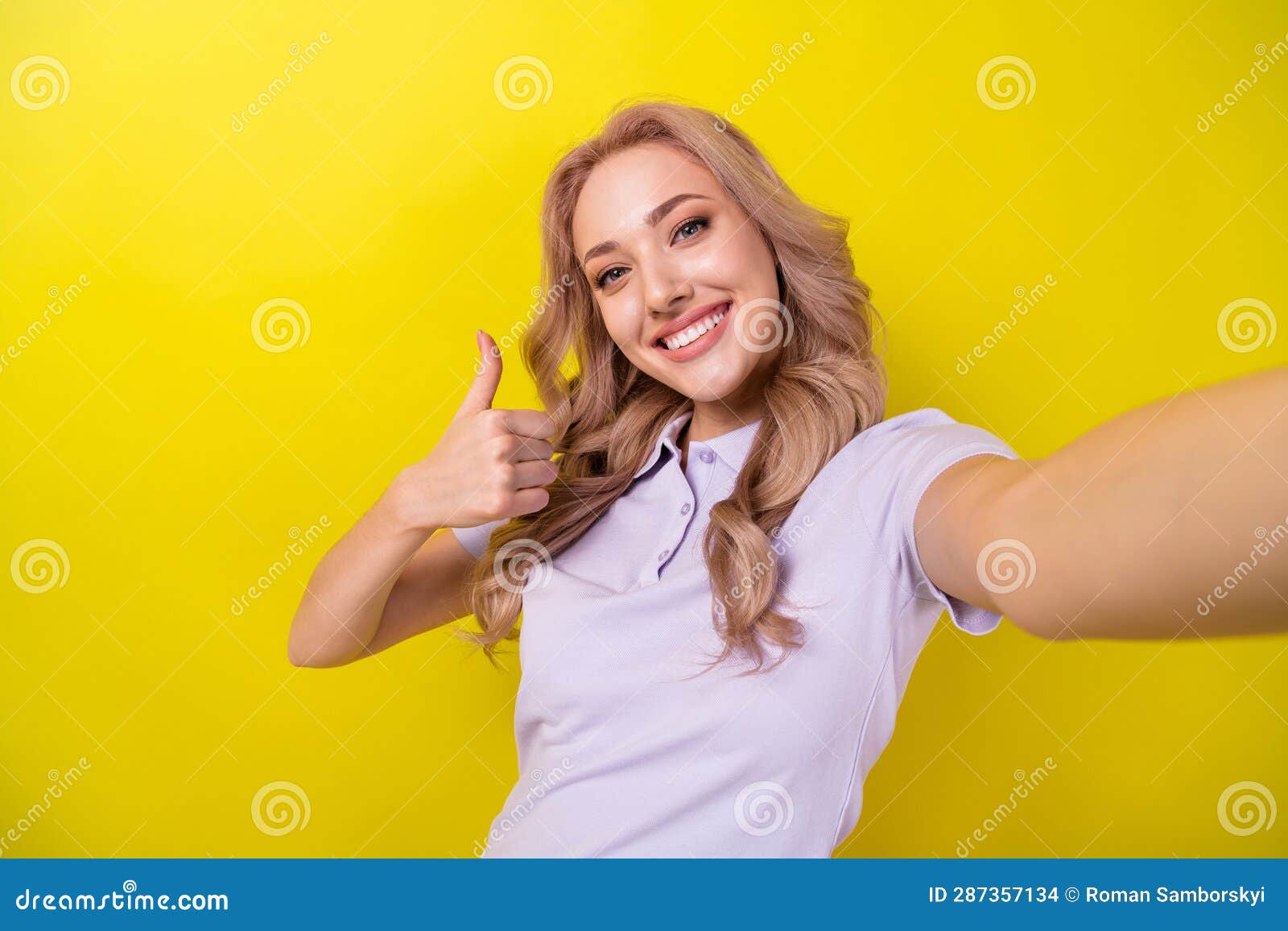 Portrait Of Cheerful Nice Person Toothy Smile Make Selfie Arm Finger