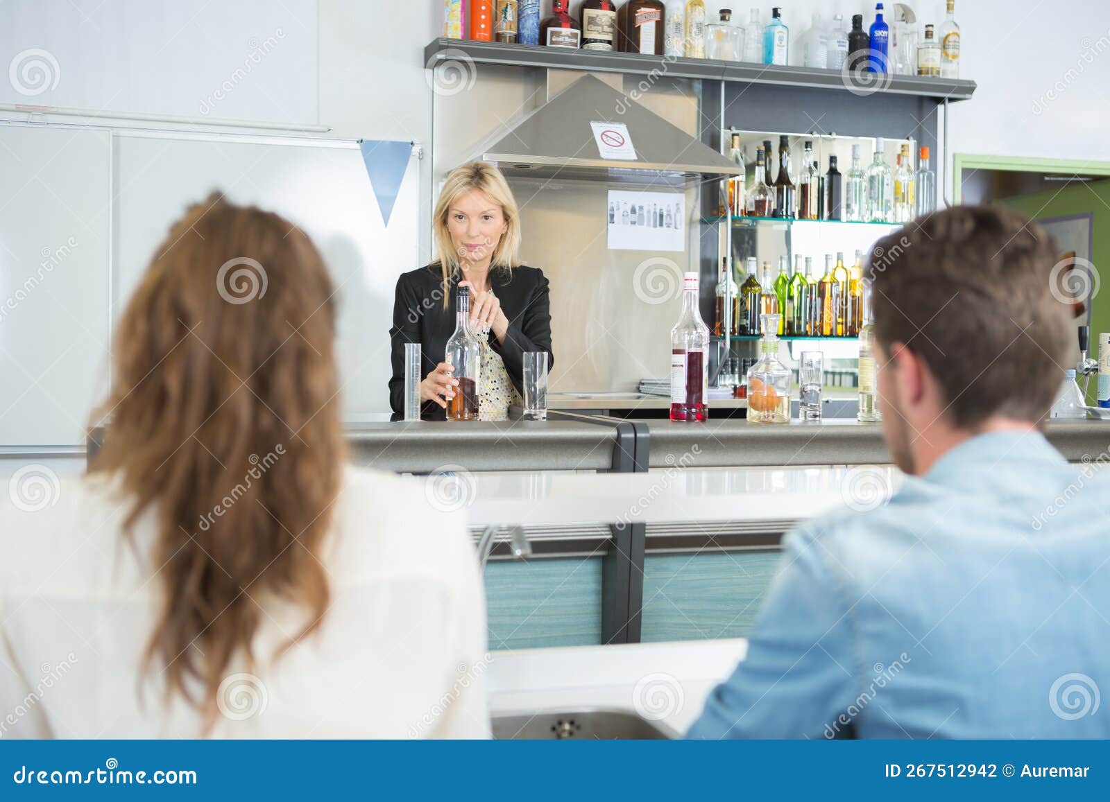 Portrait Cheerful People Having Dinner and Respectful Waiter Stock ...