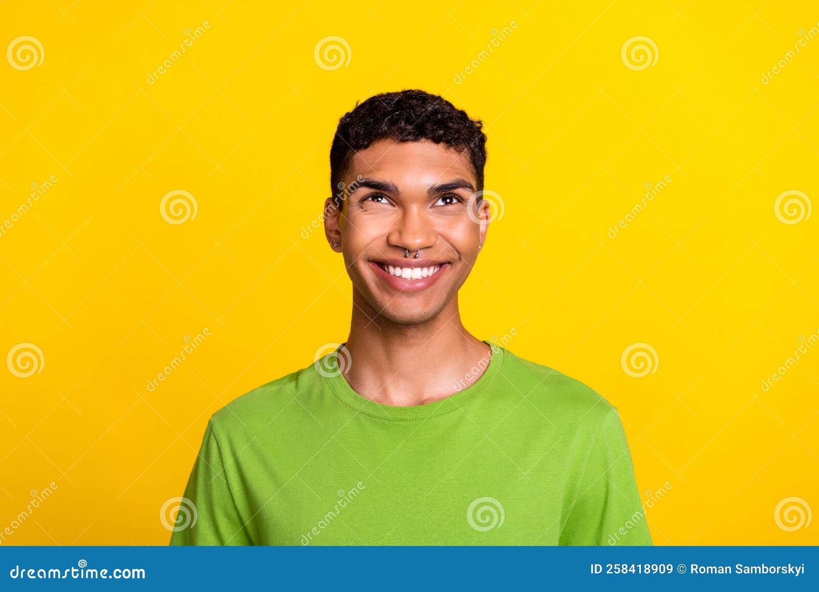 Portrait of Cheerful Positive Man Beaming Smile Look Up Empty Space ... Portrait of Cheerful Positive Man Beaming Smile Look Up Empty Space ...
