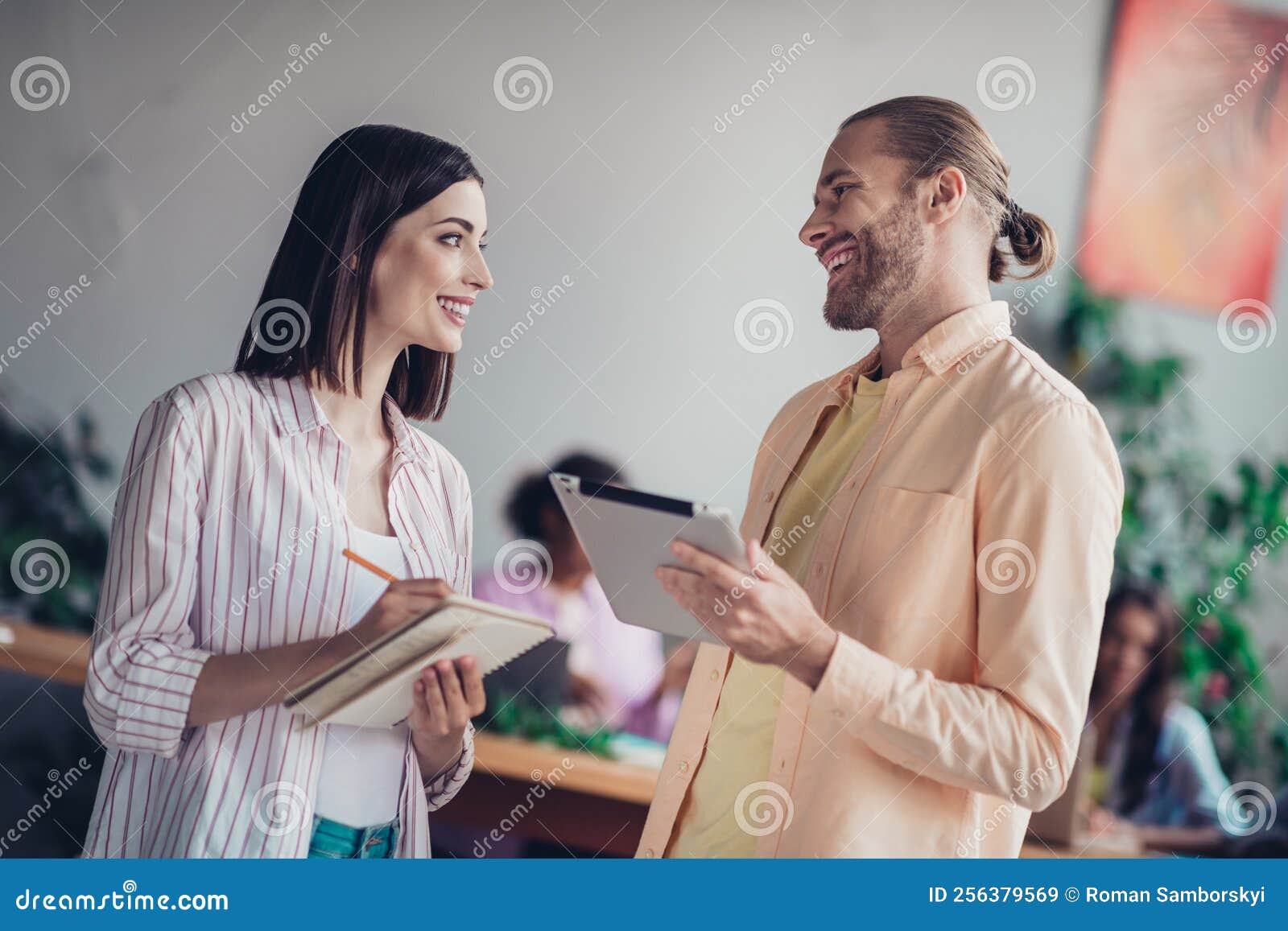 Portrait of Cheerful Positive People Use Tablet Write Take Notes ...