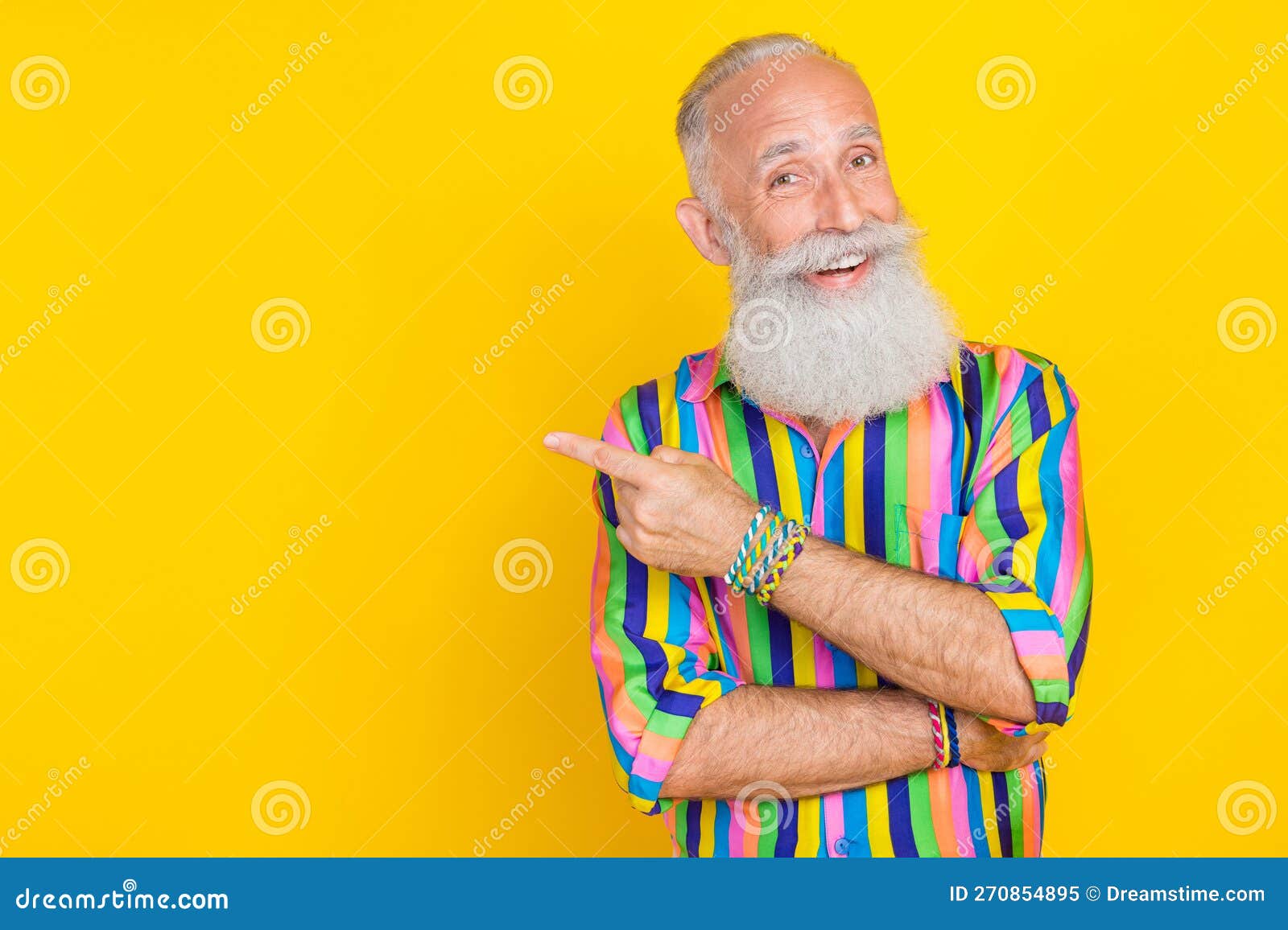 Portrait Of Cheerful Satisfied Handsome Old Man Long Beard Wear