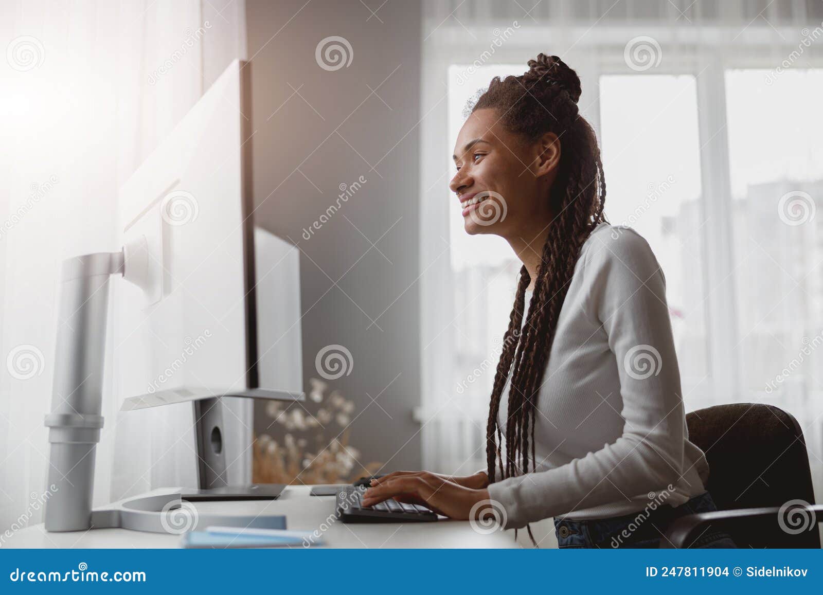 Portrait of Cheerful Smiled Young Woman Coder Working from Home ...