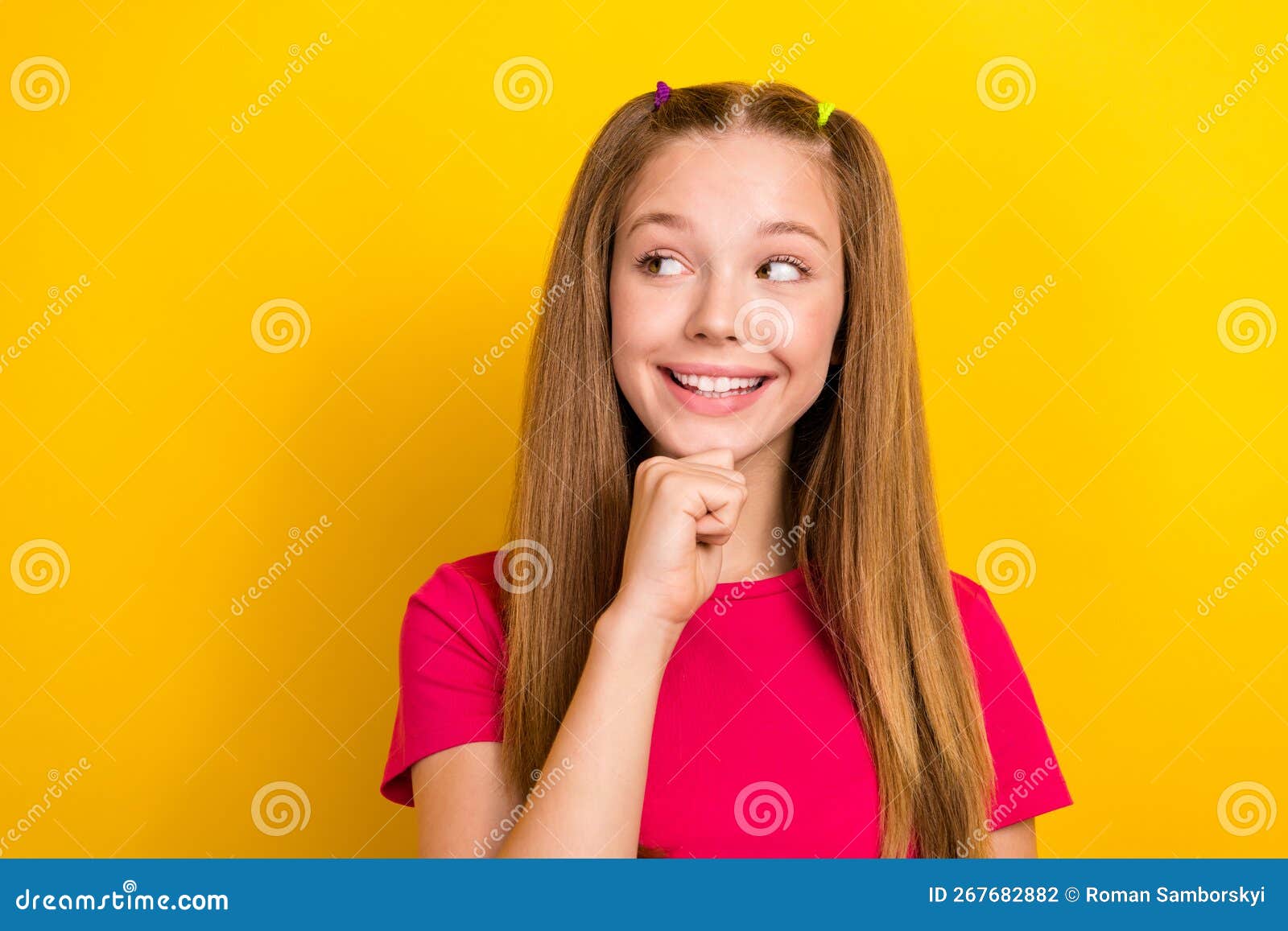 Portrait Of Cheerful Thoughtful Girl With Long Hairdo Dressed Pink Top