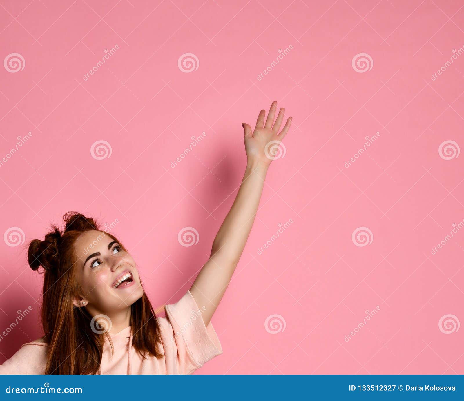 Portrait Of A Cheerful Woman Waving Her Hands On Top Stock Image