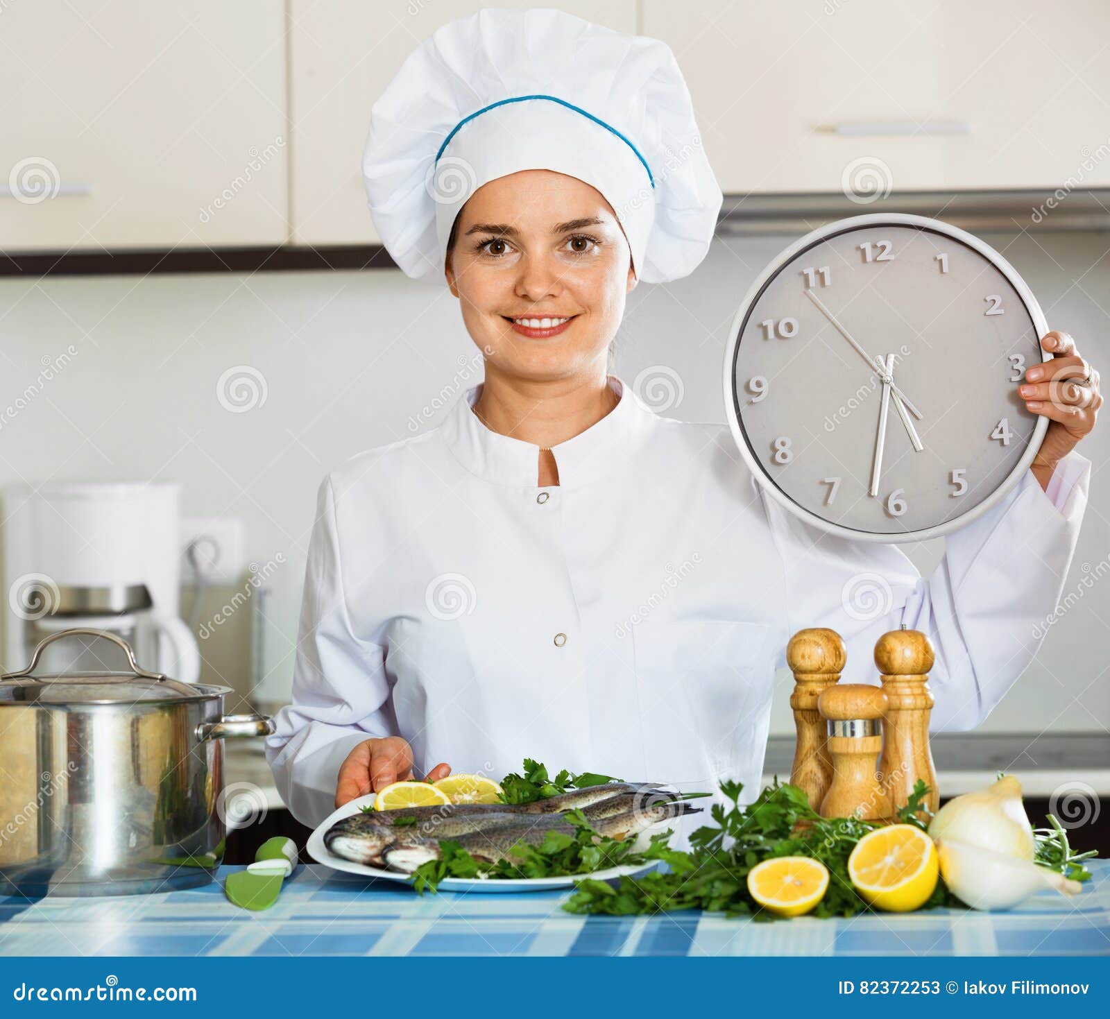 Portrait of Chef Holding Big Clock Stock Image - Image of house ...