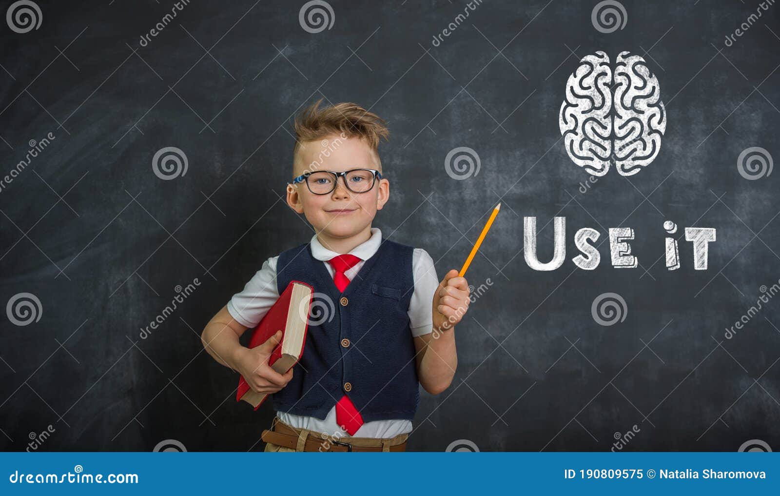 Portrait of Child Pointing on Brain. Genius. Back To School. Stock ...